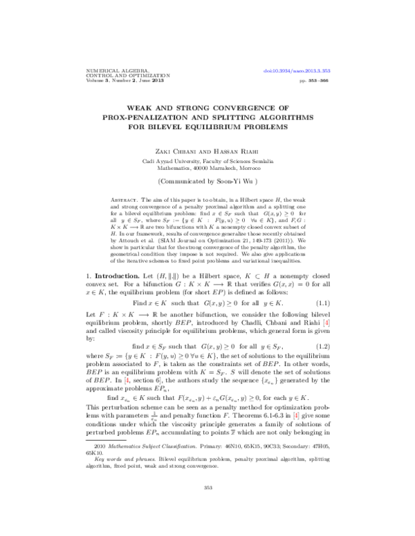 Pdf Weak And Strong Convergence Of Prox Penalization And Splitting Algorithms For Bilevel