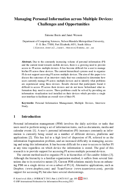 (PDF) Managing Personal Information across Multiple Devices: Challenges ...