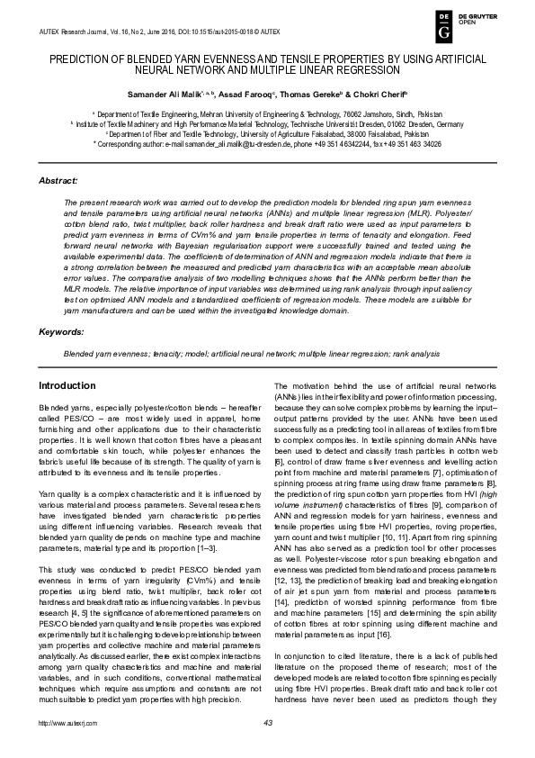 (PDF) Prediction Of Blended Yarn Evenness And Tensile Properties By Using Artificial Neural ...