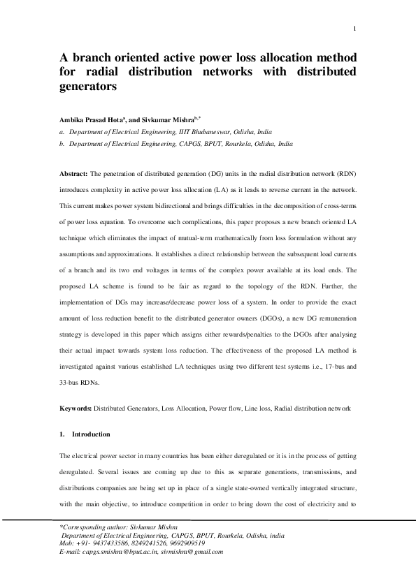 Pdf A Branch Oriented Active Power Loss Allocation Method For Radial Distribution Networks