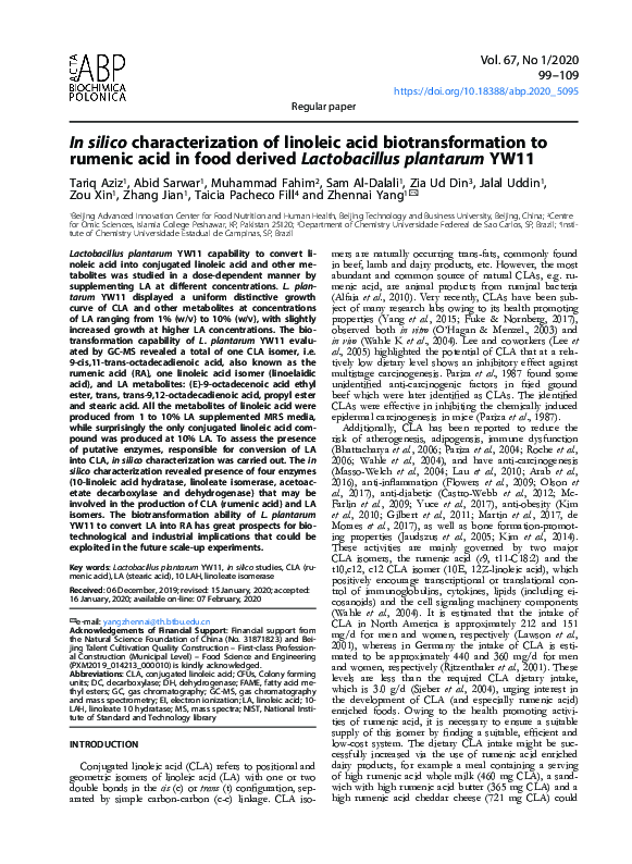 (PDF) In silico characterization of linoleic acid biotransformation to ...