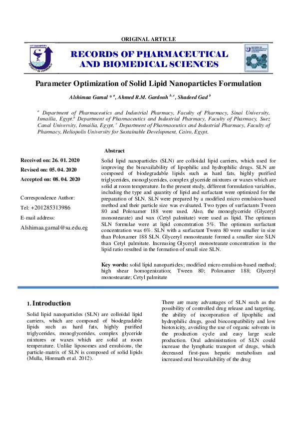 (PDF) C:Parameter Optimization of Solid Lipid Nanoparticles Formulation ...