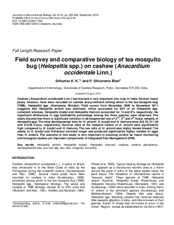 (PDF) Field survey and comparative biology of tea mosquito bug (Helopeltis spp.) on cashew ...