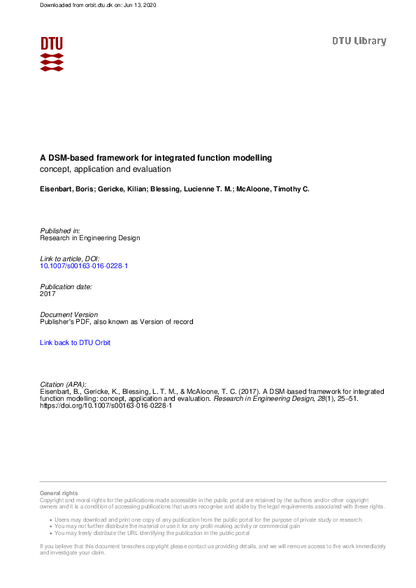 (PDF) A DSM-based Framework for Integrated Function Modelling: Concept, Application and Evaluation