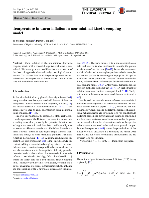 (PDF) Temperature in warm inflation in non-minimal kinetic coupling model