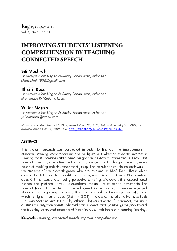 (PDF) Improving Students’ Listening Comprehension by Teaching Connected Speech
