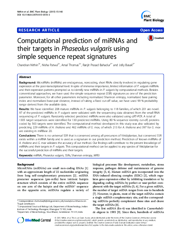 Pdf Computational Prediction Of Mirnas And Their Targets In Phaseolus