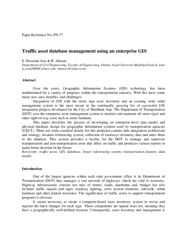 (PDF) Traffic asset database management using an enterprise GIS