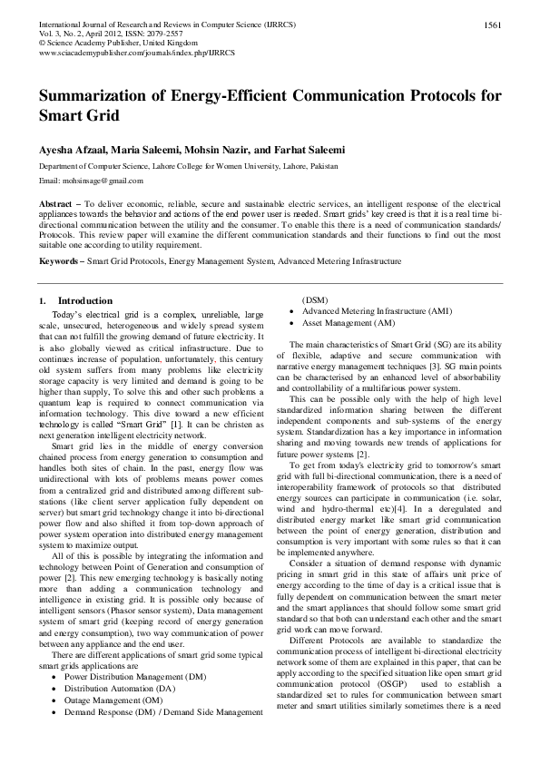 (PDF) Summarization of Energy-Efficient Communication Protocols for smart grid