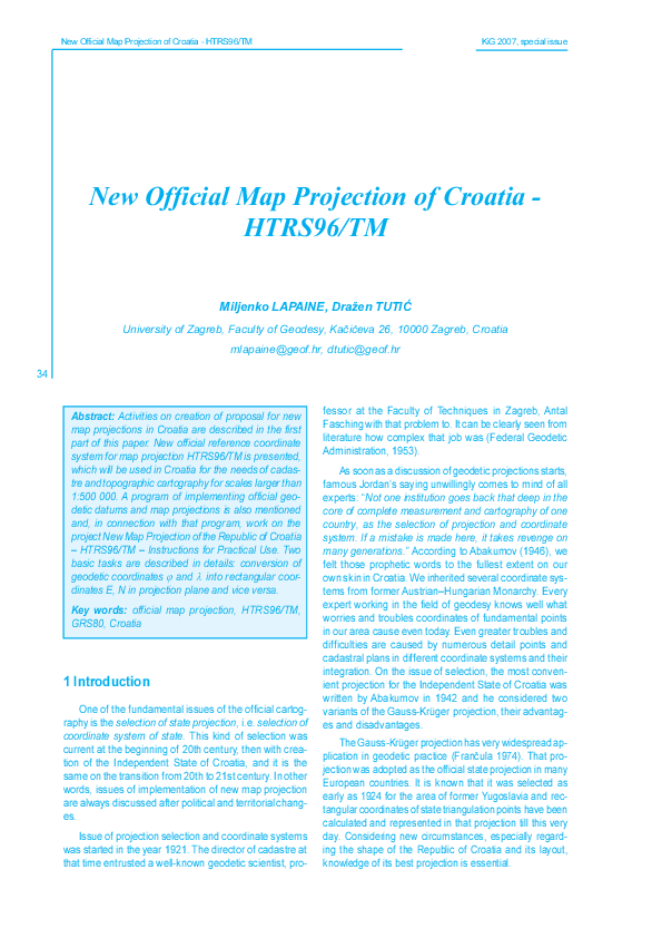 (PDF) New Official Map Projection of Croatia - HTRS96/TM