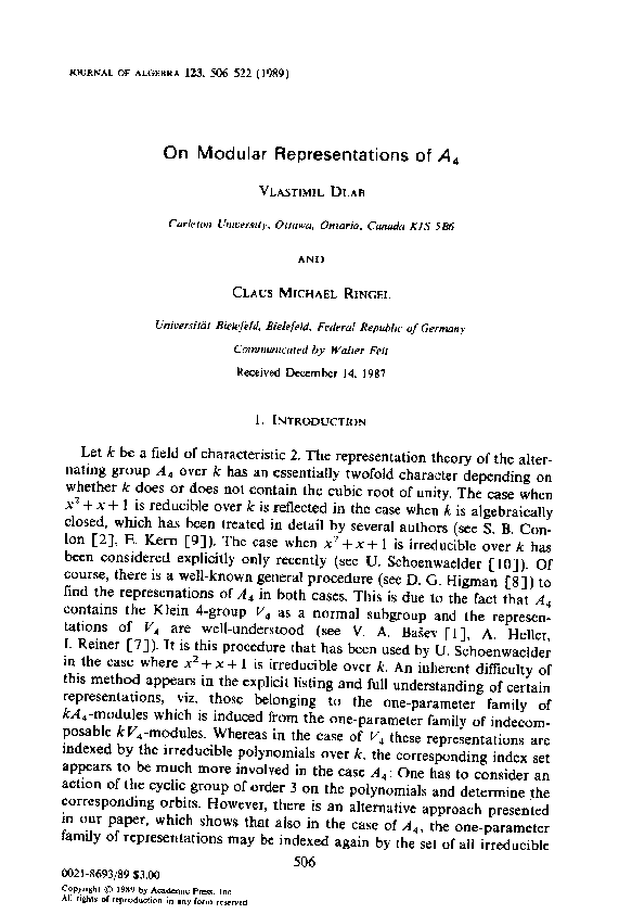 (PDF) On modular representations of A4