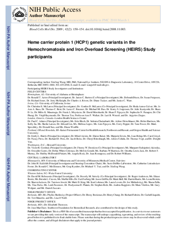 (PDF) Heme carrier protein 1 (HCP1) genetic variants in the ...