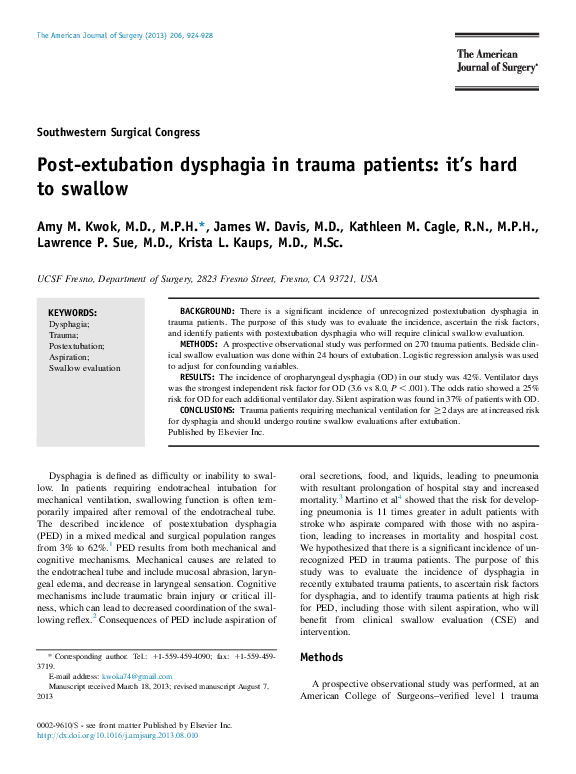 (PDF) Post-extubation dysphagia in trauma patients: It's hard to swallow