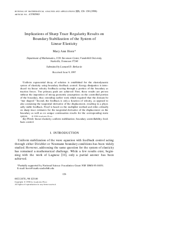 (PDF) Implications of Sharp Trace Regularity Results on Boundary Stabilization of the System of ...