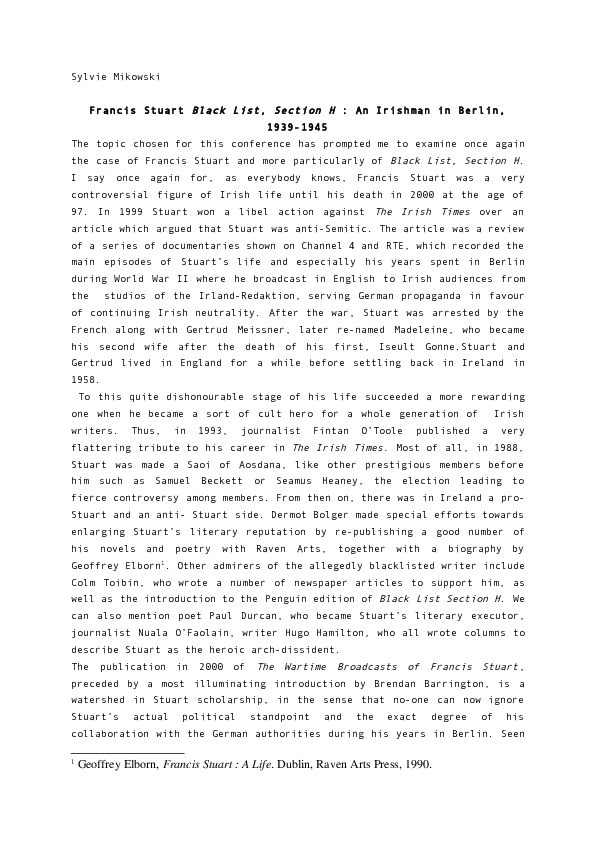 (DOC) Francis Stuart "Black List, Section H" : An Irishman in Berlin ...