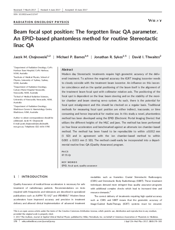 (PDF) Beam focal spot position: The forgotten linac QA parameter. An EPID-based phantomless ...