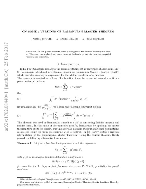 Pdf Q Analogues Of Ramanujan Master Theorem