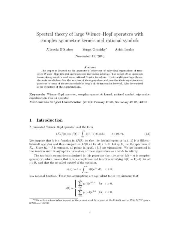Pdf Spectral Theory Of Large Wiener Hopf Operators With Complex Symmetric Kernels And Rational