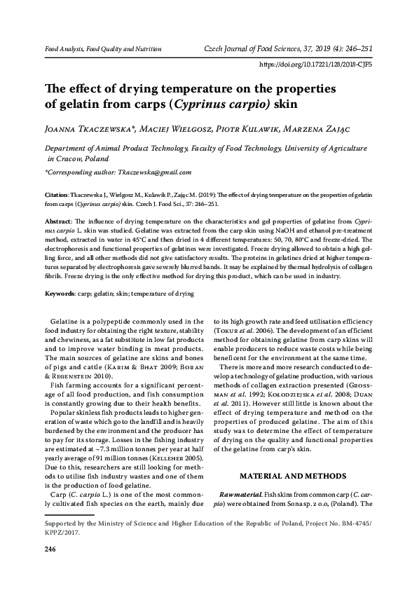 (PDF) The effect of drying temperature on the properties of gelatin from carps (Cyprinus carpio ...