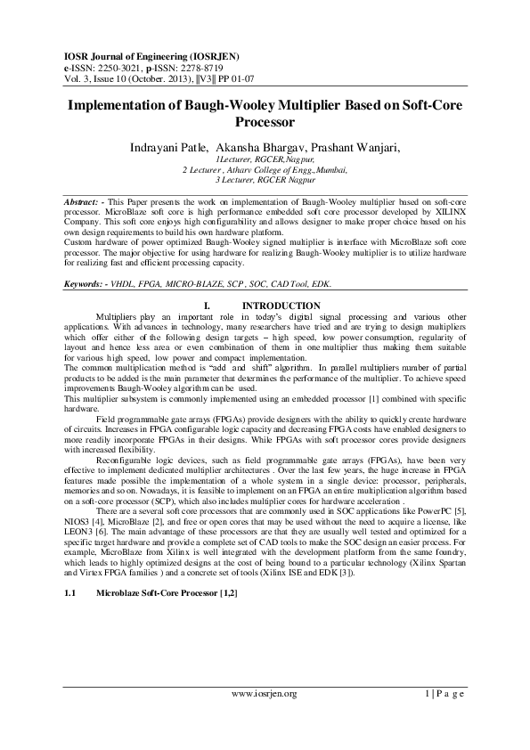 (PDF) Implementation of Baugh-Wooley Multiplier Based on Soft-Core Processor