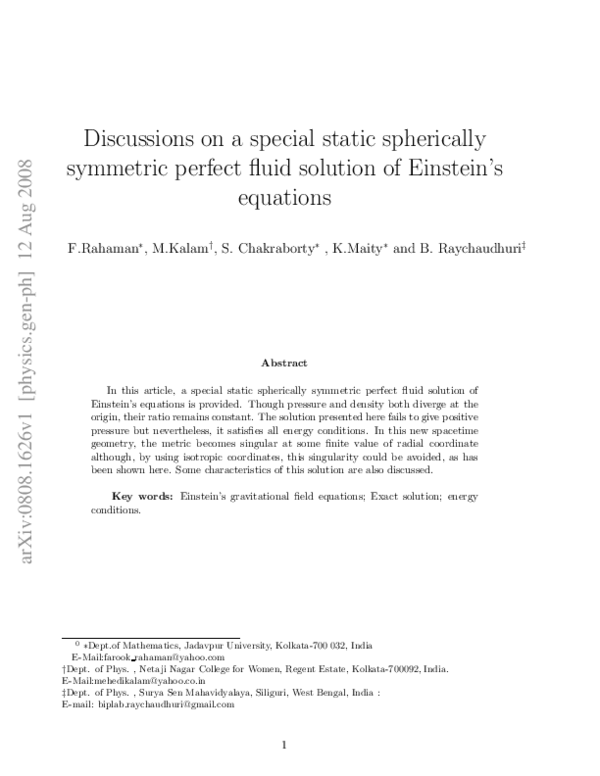 Pdf Discussions On A Special Static Spherically Symmetric Perfect