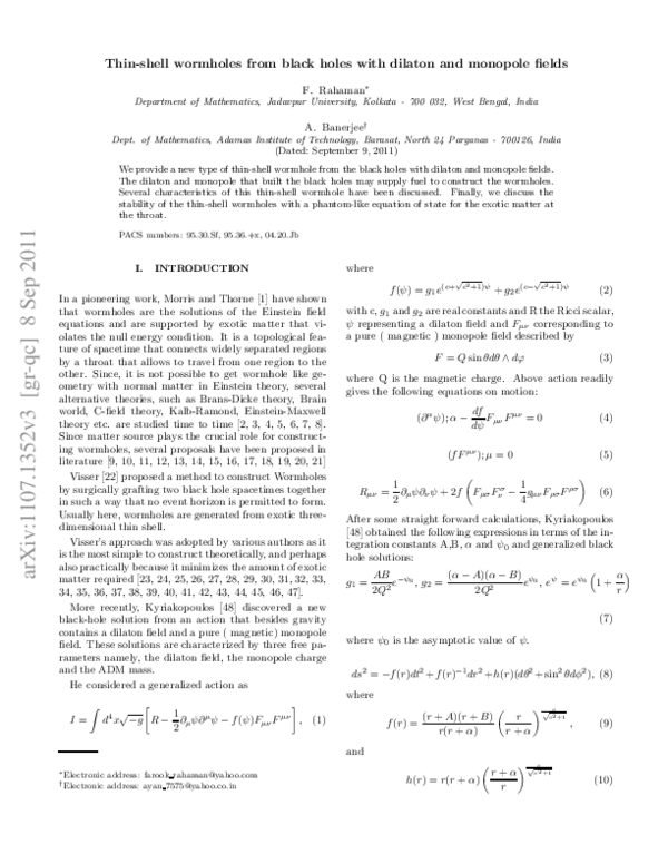 (PDF) Thin-Shell Wormholes from Black Holes with Dilaton and Monopole Fields