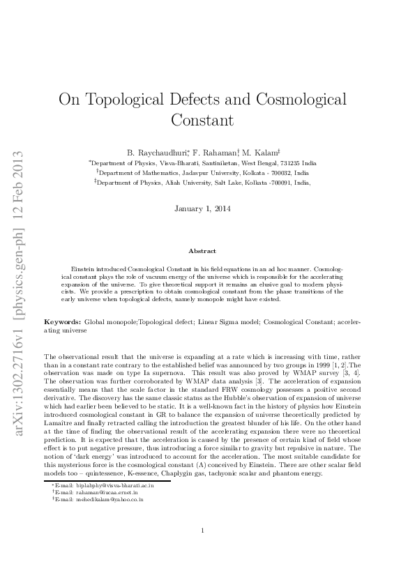 (PDF) On Topological Defects and Cosmological Constant