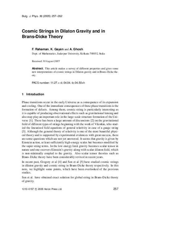 (PDF) Cosmic Strings in Dilaton Gravity and in Brans-Dicke Theory