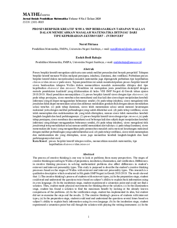 (PDF) Proses Berpikir Kreatif Siswa SMP Berdasarkan Tahapan Wallas Dalam Memecahkan Masalah ...