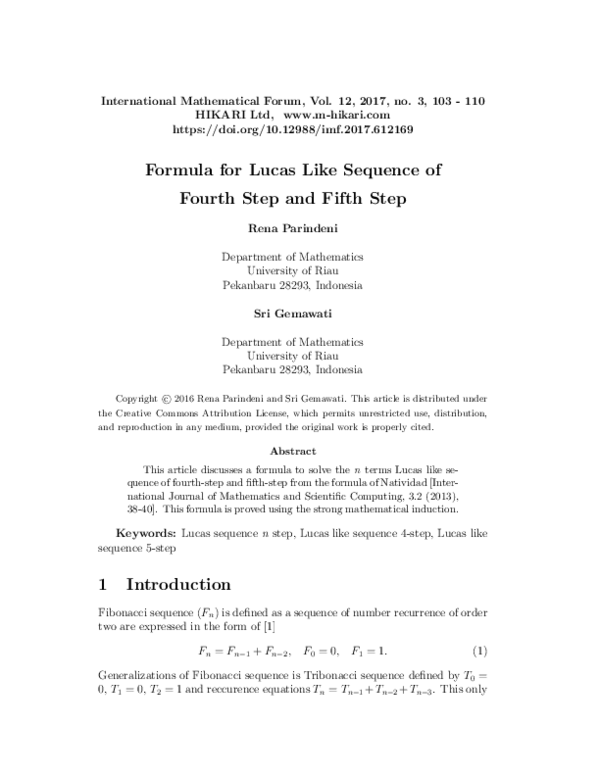 (PDF) Formula for Lucas like sequence of fourth step and fifth step