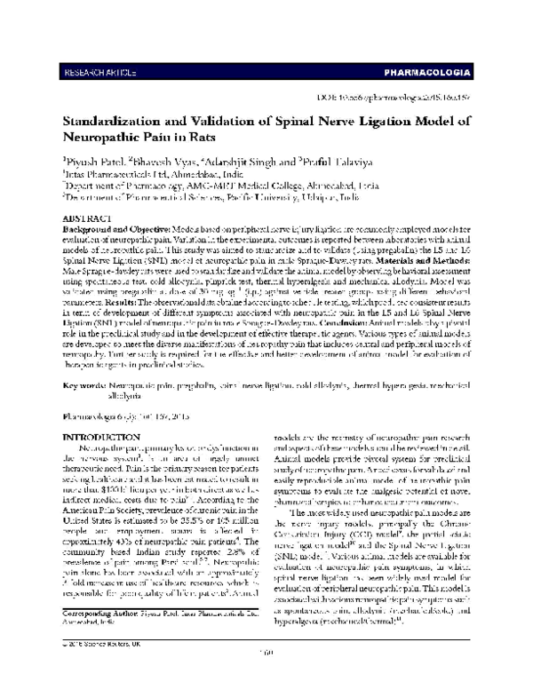 (PDF) Standardization and Validation of Spinal Nerve Ligation Model of Neuropathic Pain in Rats