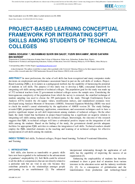 Pdf Project Based Learning Conceptual Framework For Integrating Soft 0133
