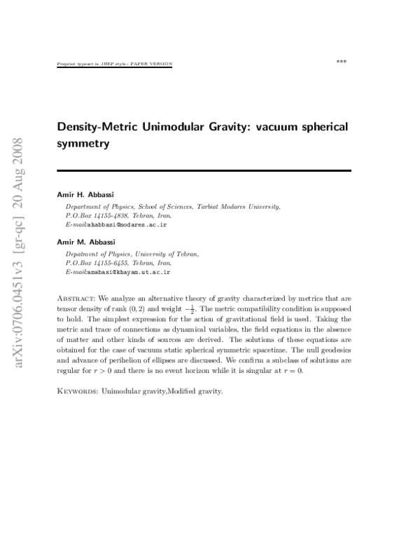 (PDF) Density-metric unimodular gravity: vacuum spherical symmetry ...