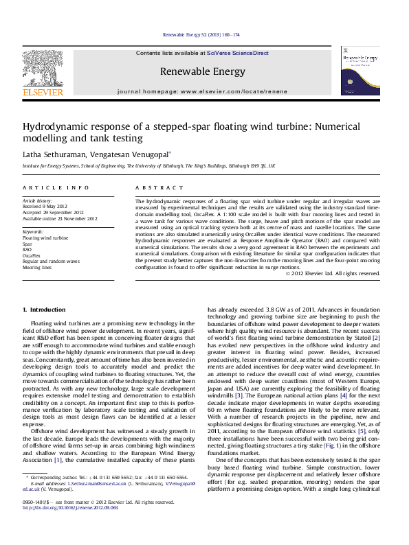 Pdf Hydrodynamic Response Of A Stepped Spar Floating Wind Turbine Numerical Modelling And