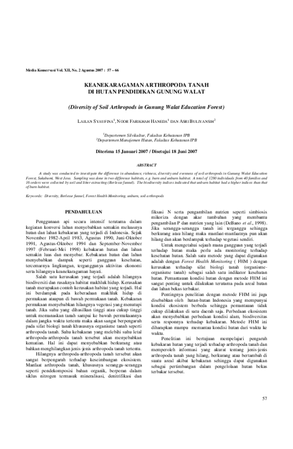 (PDF) KEANEKARAGAMAN ARTHROPODA TANAH DI HUTAN PENDIDIKAN GUNUNG WALAT ...