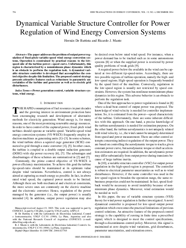 Dynamical Variable Structure Controller For Power Regulation Of Wind Energy Conversion Systems