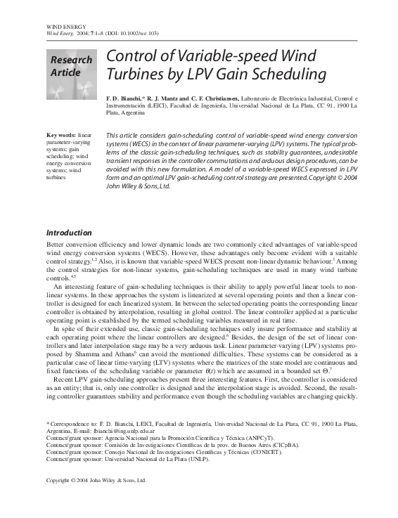(PDF) Control of variable-speed wind turbines by LPV gain scheduling