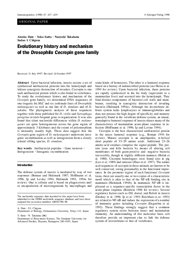 (PDF) Evolutionary history and mechanism of the Drosophila Cecropin ...