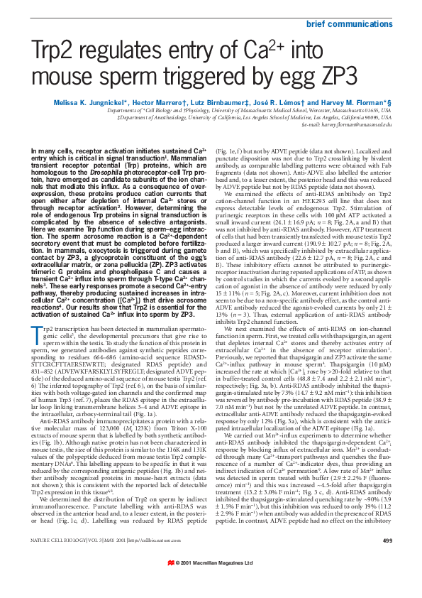 Trp2 regulates entry of Ca2+ into mouse sperm triggered by egg ZP3