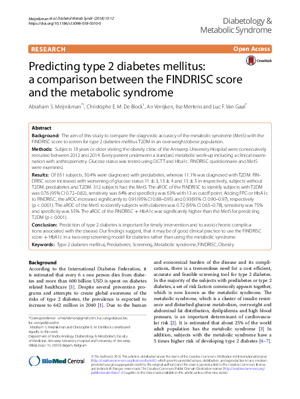 (PDF) Predicting type 2 diabetes mellitus: a comparison between the ...