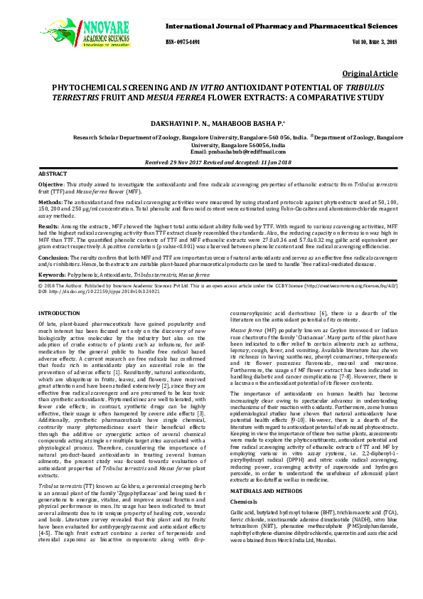 (PDF) Phytochemical Screening and in Vitro Antioxidant Potential of Tribulus Terrestris Fruit ...