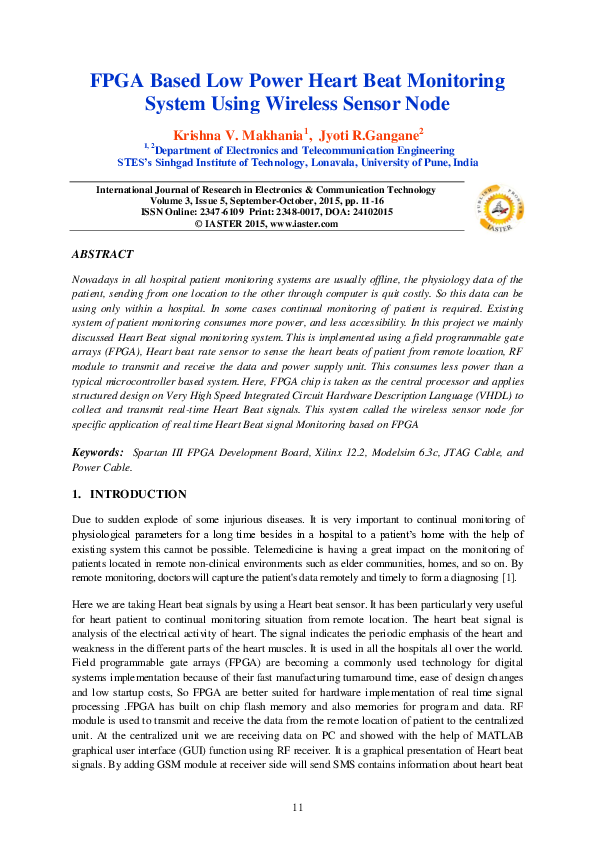 (PDF) FPGA Based Low Power Heart Beat Monitoring System Using Wireless Sensor Node