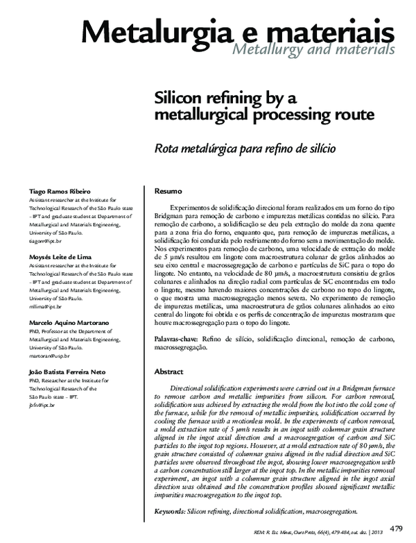 (PDF) Silicon refining by a metallurgical processing route