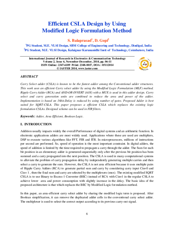 Pdf Efficient Csla Design By Using Modified Logic Formulation Method