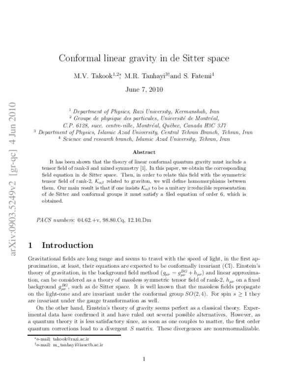 Pdf Conformal Linear Gravity In De Sitter Space