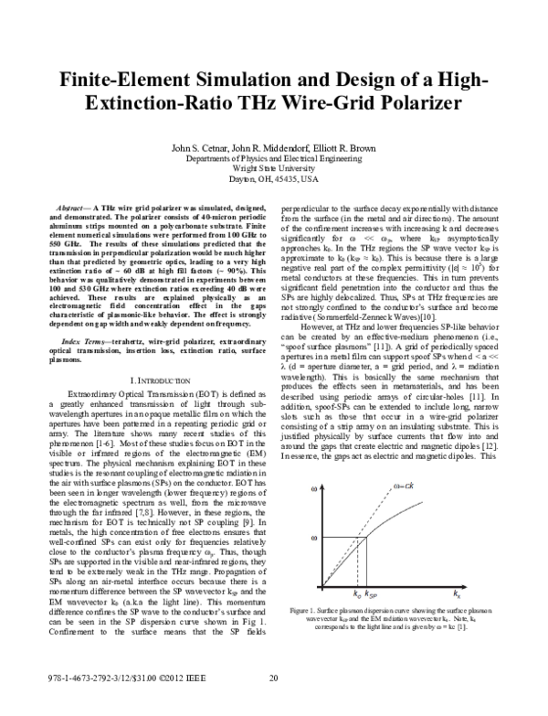 Pdf Finite Element Simulation And Design Of A High Extinction Ratio Thz Wire Grid Polarizer