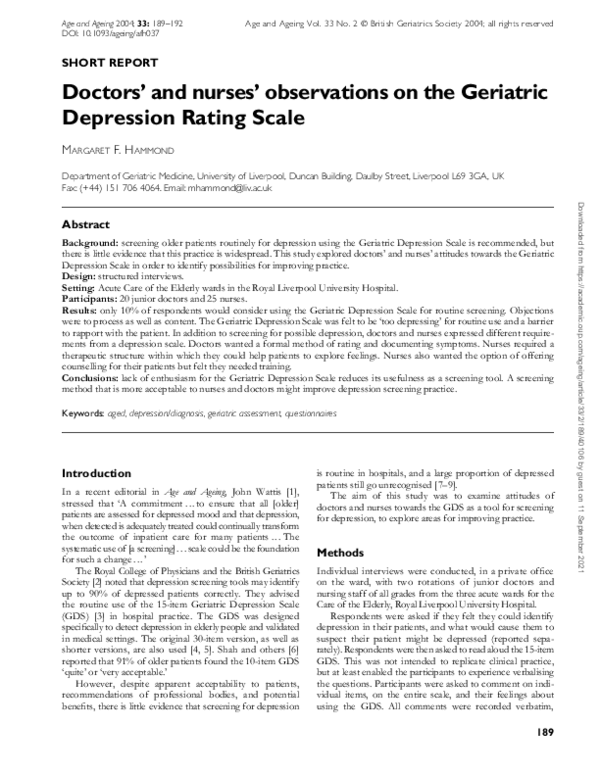 (PDF) Doctors' and nurses' observations on the Geriatric Depression ...