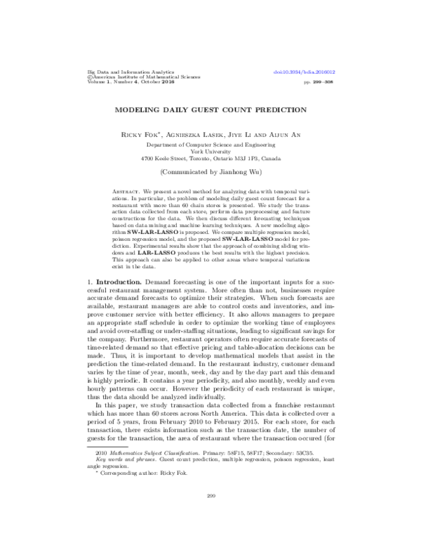 (PDF) Modeling daily guest count prediction
