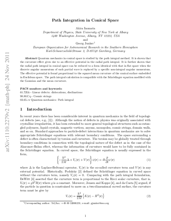 (PDF) Path integration in conical space