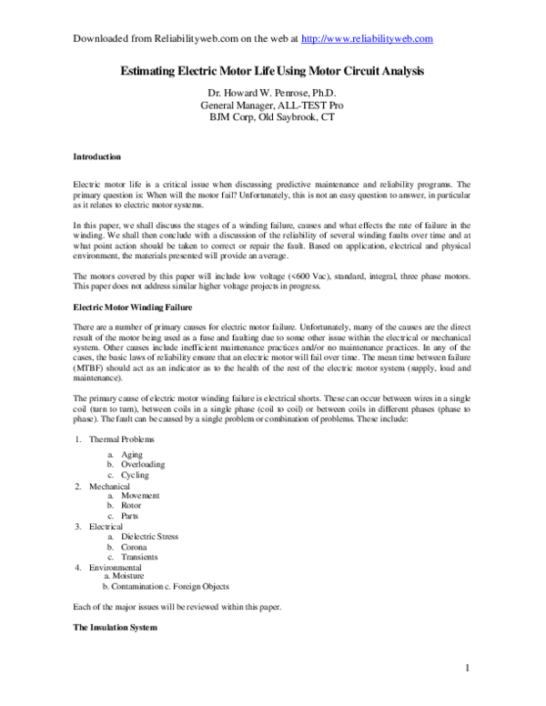 (PDF) Estimating Electric Motor Life Using Motor Circuit Analysis